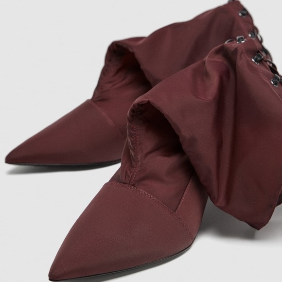 Zara | Shoes | Zara Burgundy Fabric Heel Ankle Boots With Laceup | Poshmark